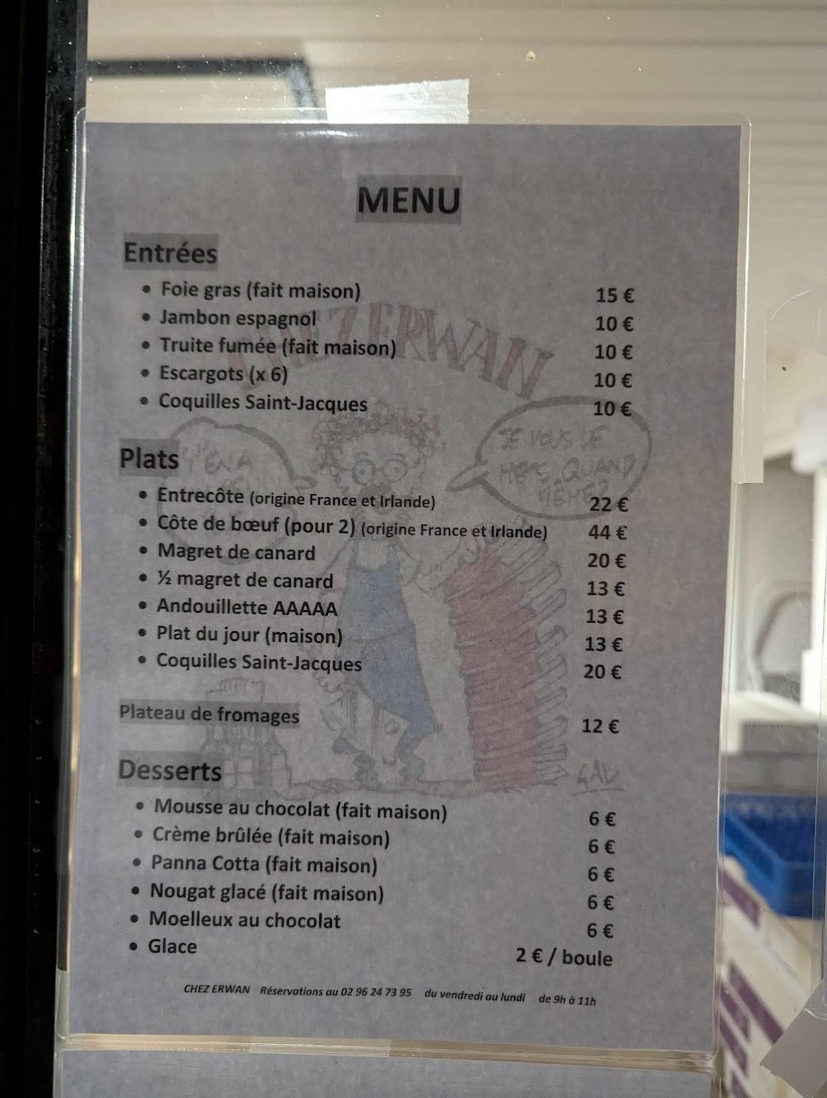 Menu at Chez Erwan restaurant, Rostrenen