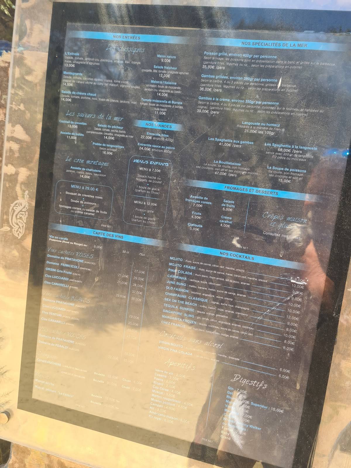 Menu au CHEZ FRANCIS restaurant, Coti-Chiavari, Plage de Cala d’Orzo