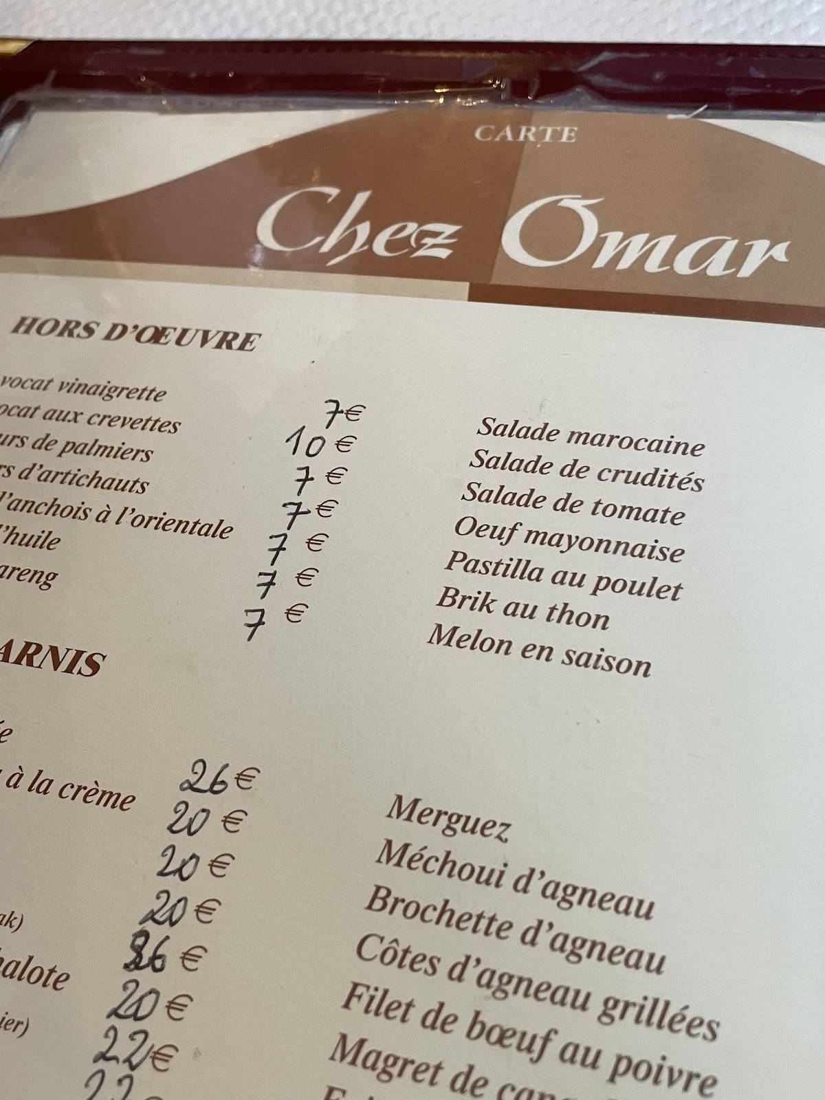 Menu at Chez Omar restaurant, Paris, 47 Rue de Bretagne