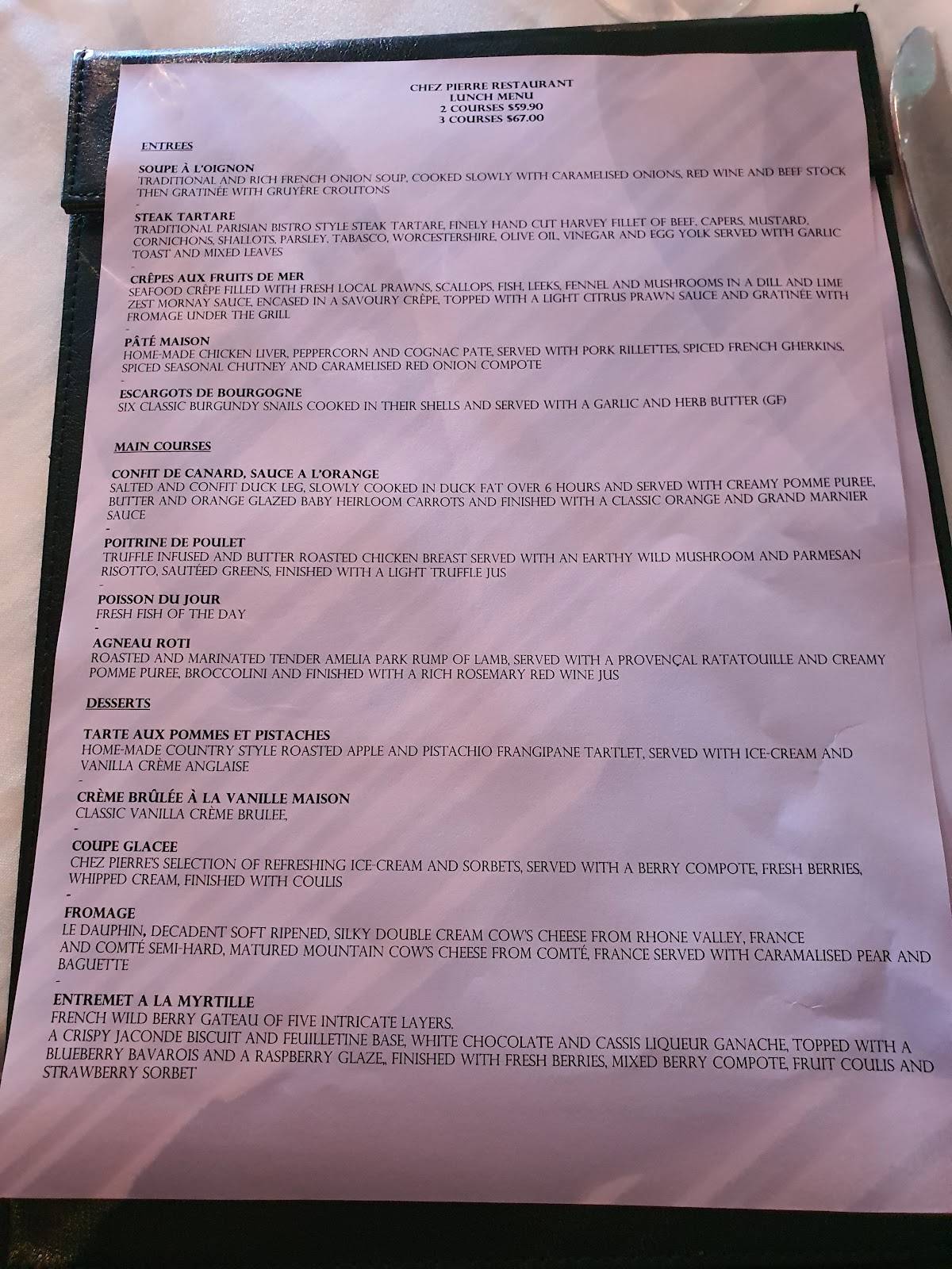 Menu at Chez Pierre restaurant, Nedlands
