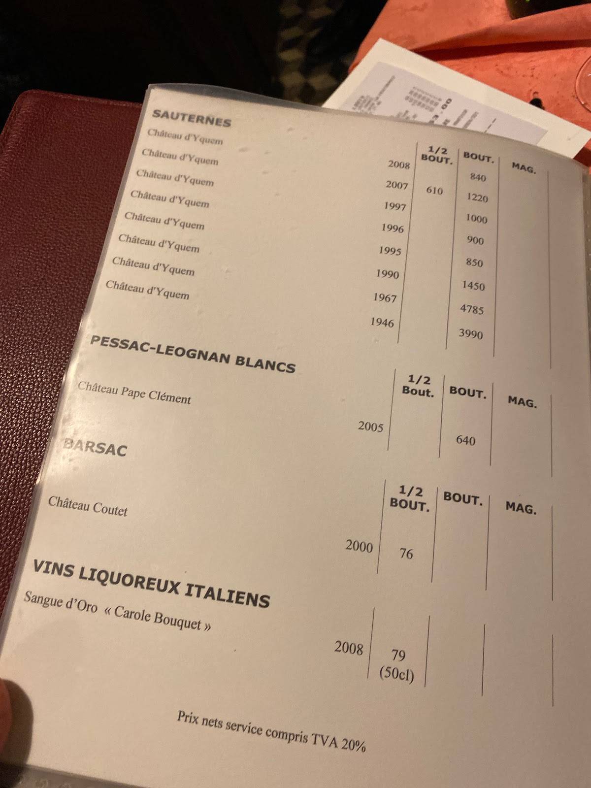 Menu at Chez l'Ami Louis restaurant, Paris, 32 Rue du Vertbois