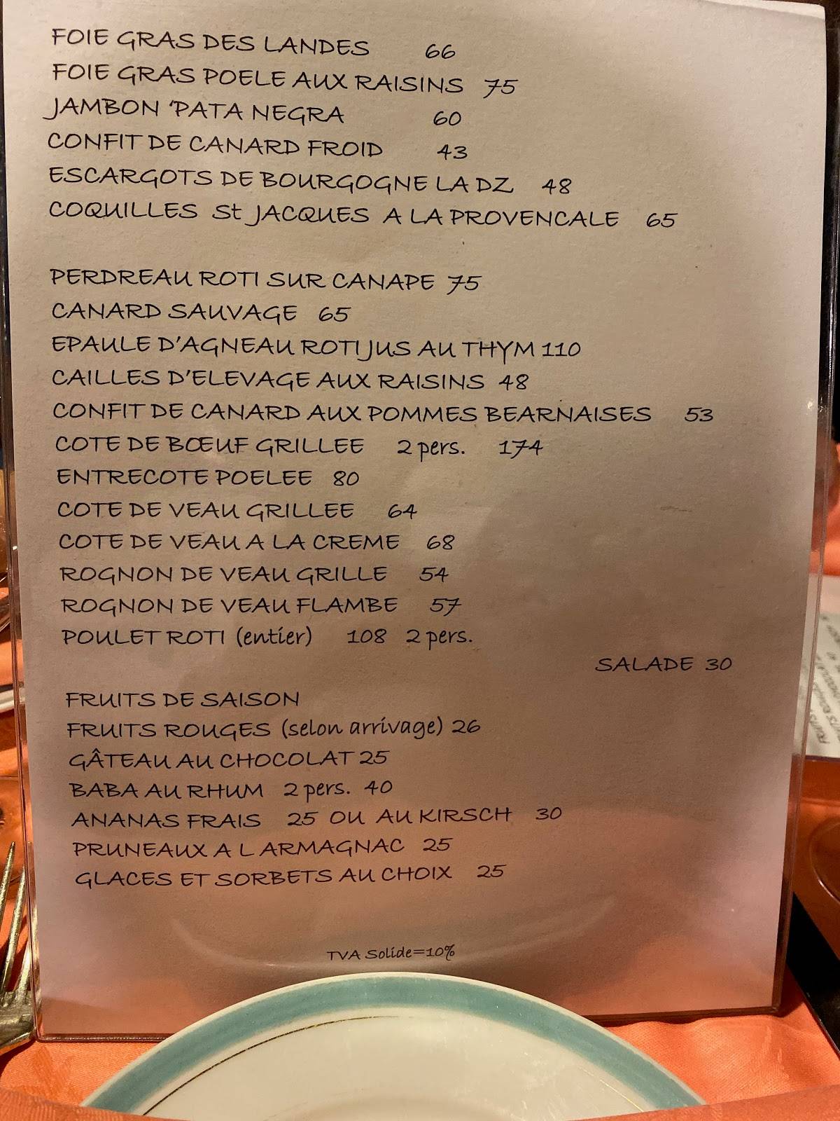 Menu at Chez l'Ami Louis restaurant, Paris, 32 Rue du Vertbois