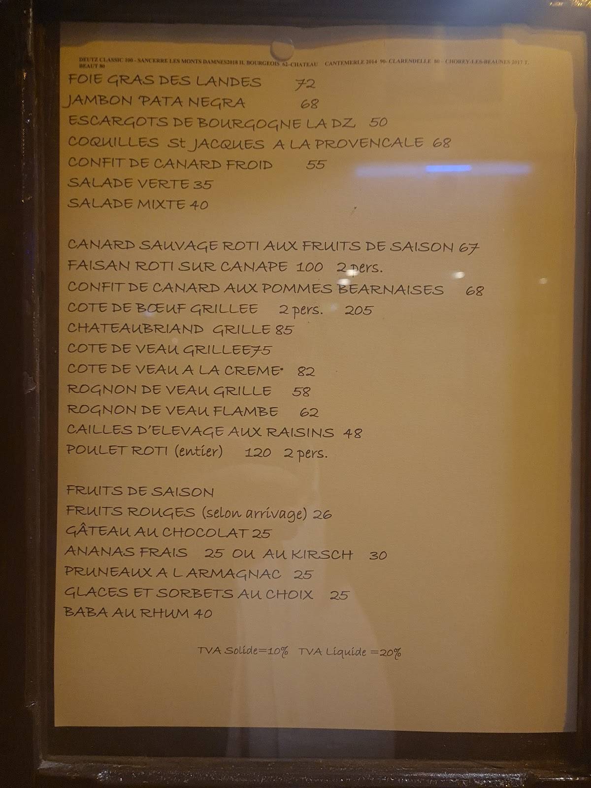Menu at Chez l'Ami Louis restaurant, Paris, 32 Rue du Vertbois