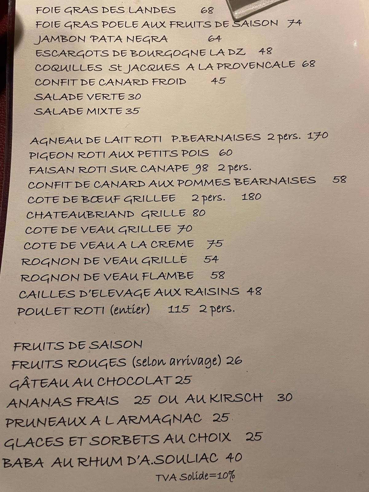 Menu at Chez l'Ami Louis restaurant, Paris, 32 Rue du Vertbois