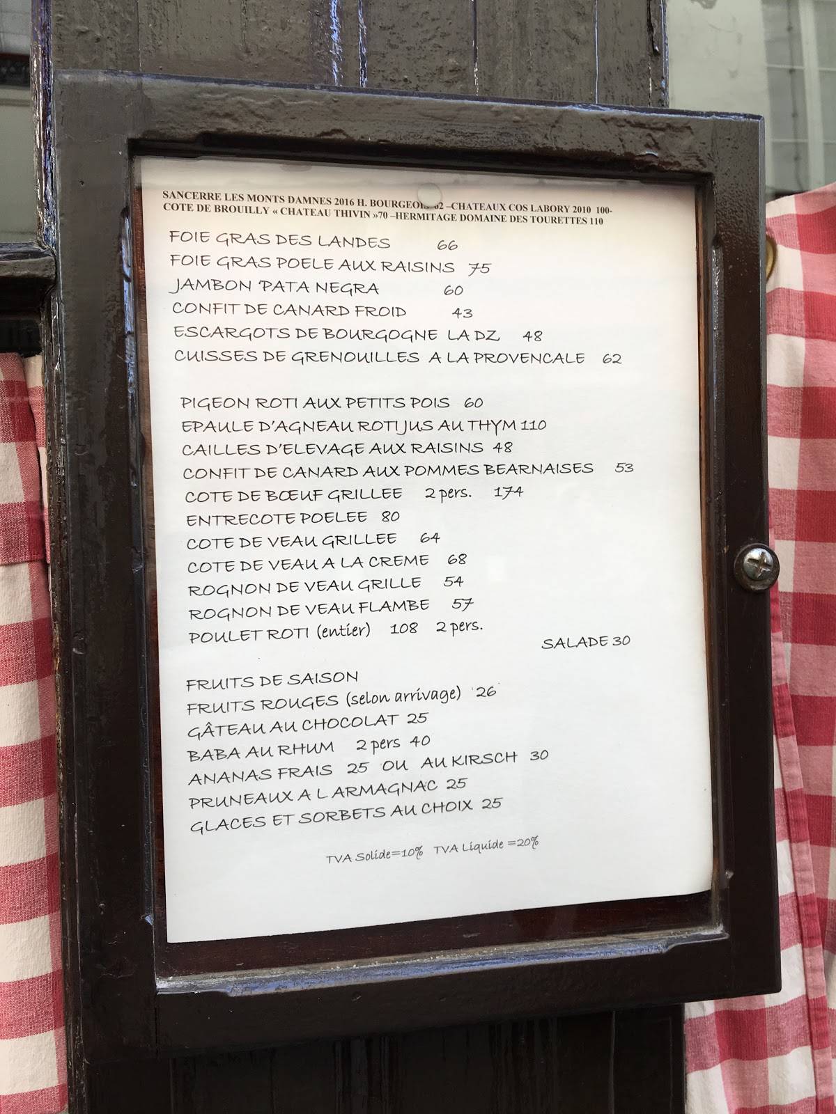 Menu at Chez l'Ami Louis restaurant, Paris, 32 Rue du Vertbois