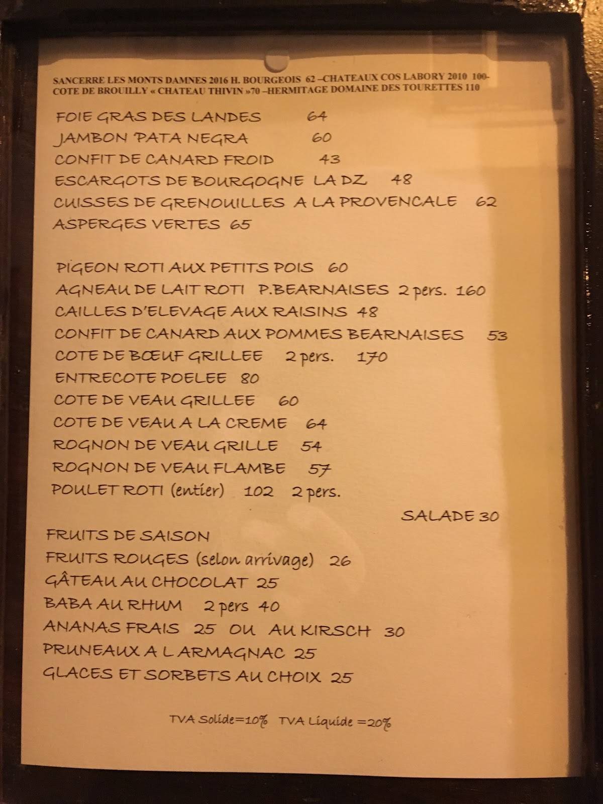 Menu at Chez l'Ami Louis restaurant, Paris, 32 Rue du Vertbois