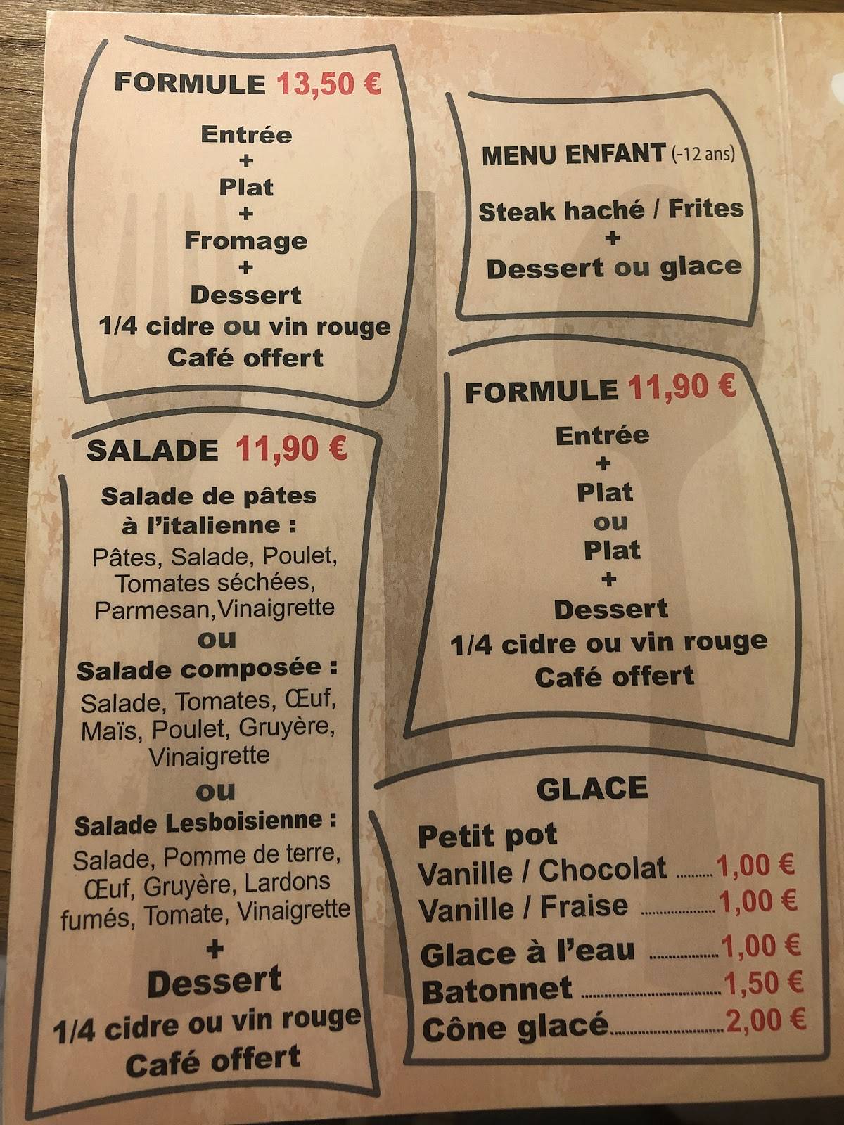 Menu au Chez vero restaurant, Lesbois
