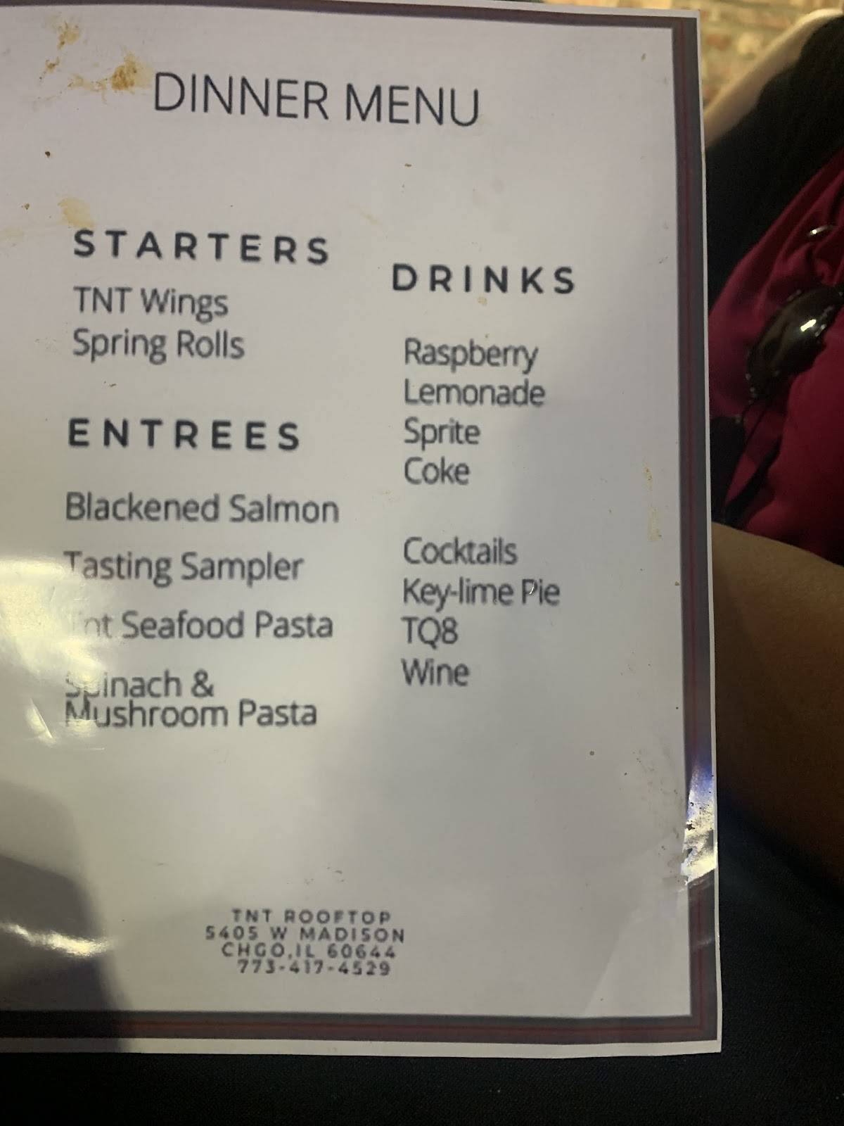 Menu at TNT Rooftop Restaurant, Chicago