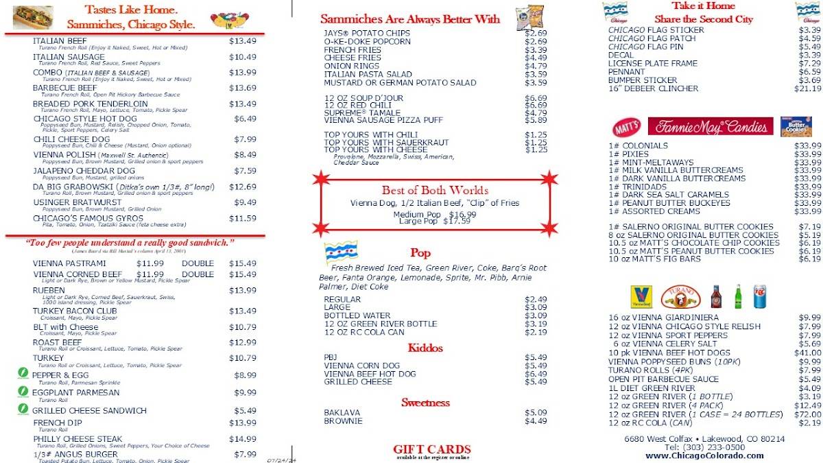 Menu at Chicago Style Beef and Dogs restaurant, Lakewood