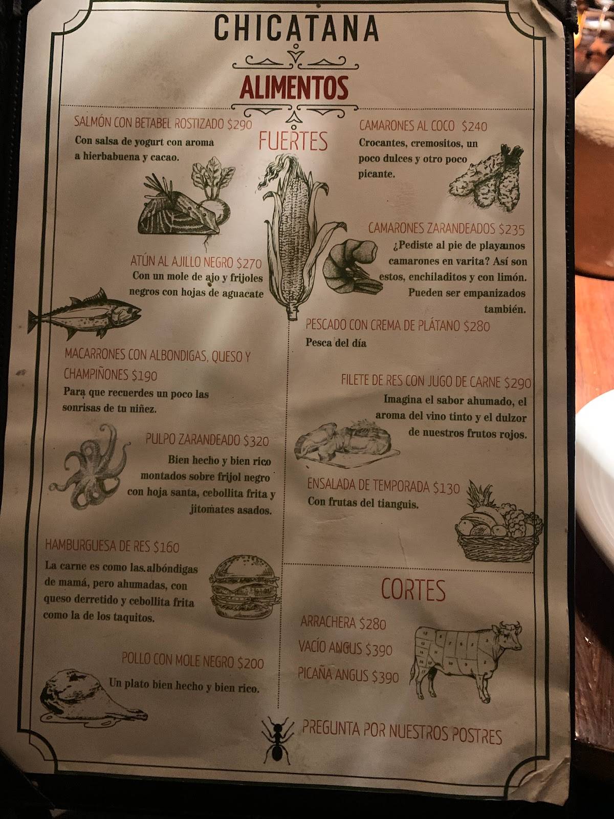 Carta del restaurante Chicatana, Ciudad Guzmán