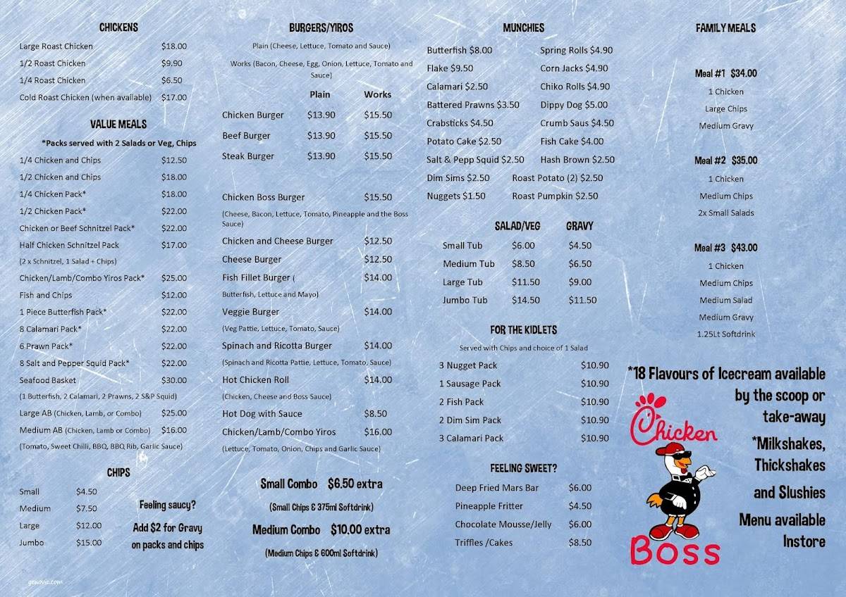 Menu at Chicken Boss restaurant, Mount Gambier