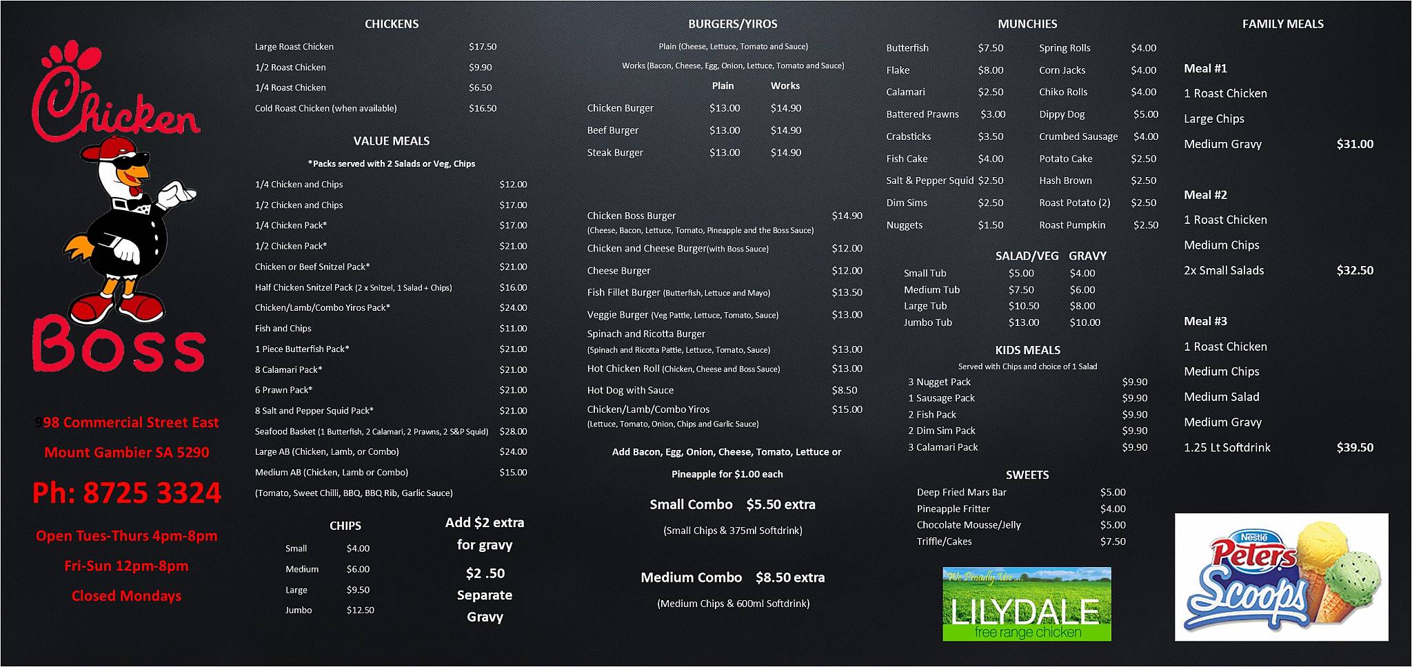 Menu at Chicken Boss restaurant, Mount Gambier