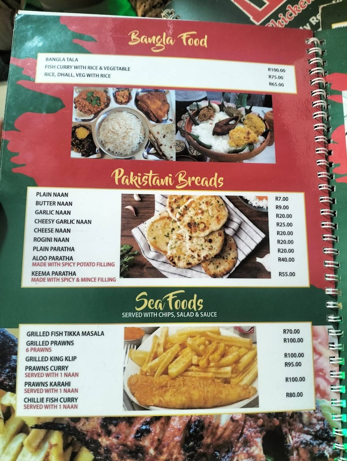 Menu at Chicken Tikka Palace restaurant, Durban