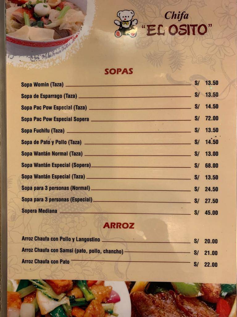 Carta del restaurante Chifa El Osito - Callao, Callao
