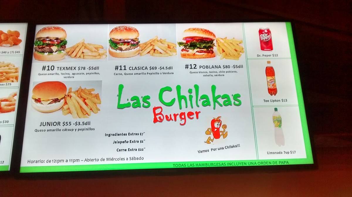 Carta de comida rápida Chilakas Burger, Ciudad Acuña