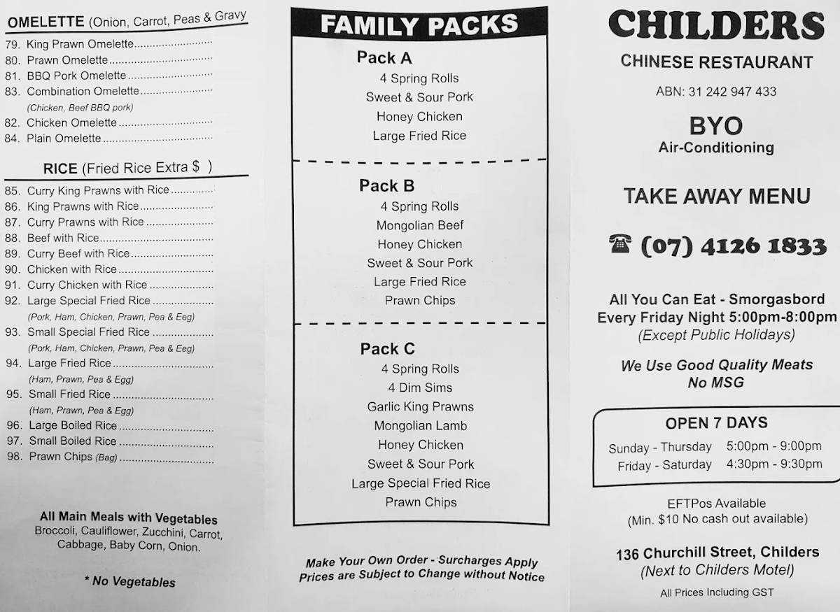 Menu at Childers Chinese Restaurant, Childers