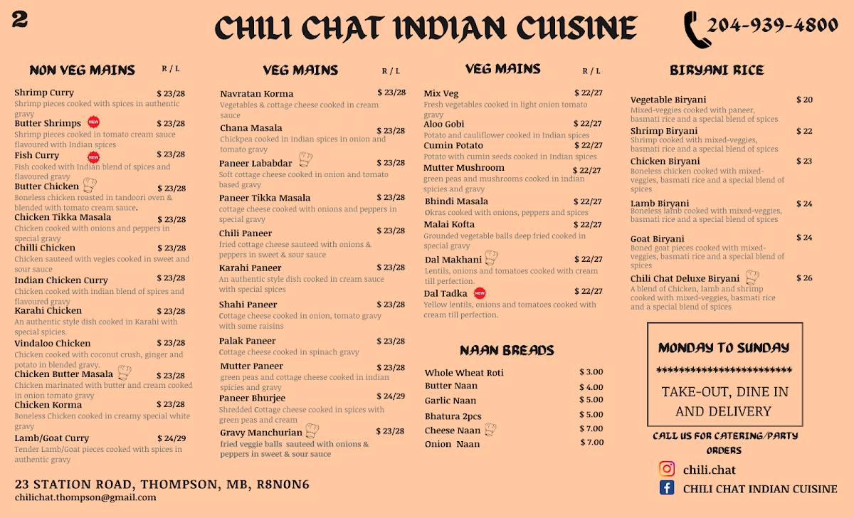 Menu at Chili Chat Indian Cuisine Restaurant, Thompson