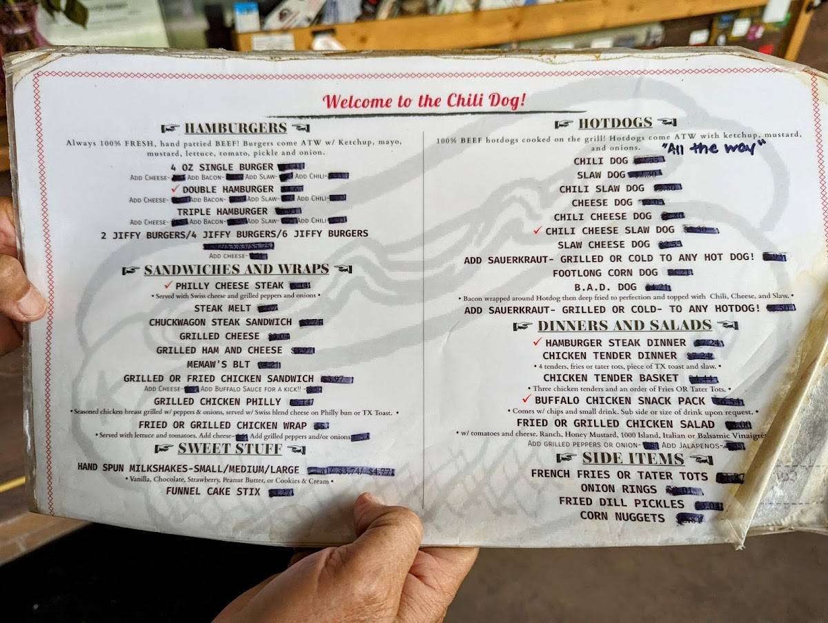 Menu at Chili Dog restaurant, Ellijay