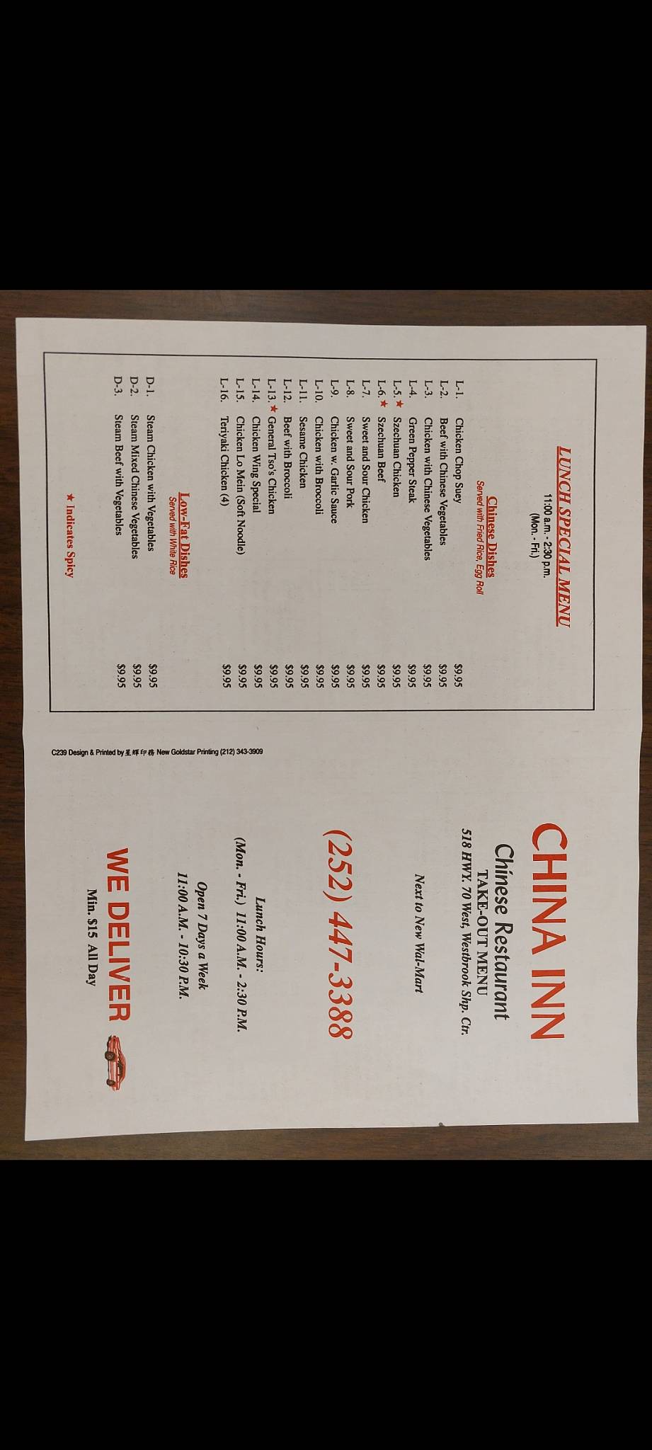 Menu at China Inn Chinese Restaurant, Havelock, 518 U.S. Hwy 70 W