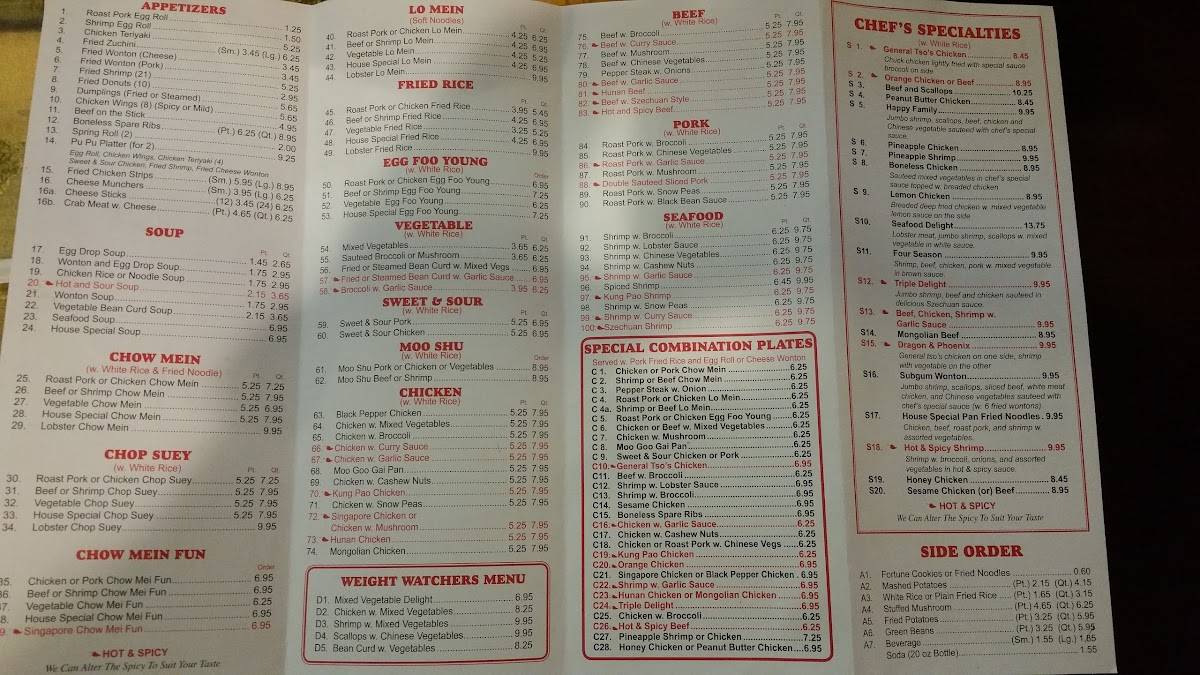 Menu at China One restaurant, Sophia