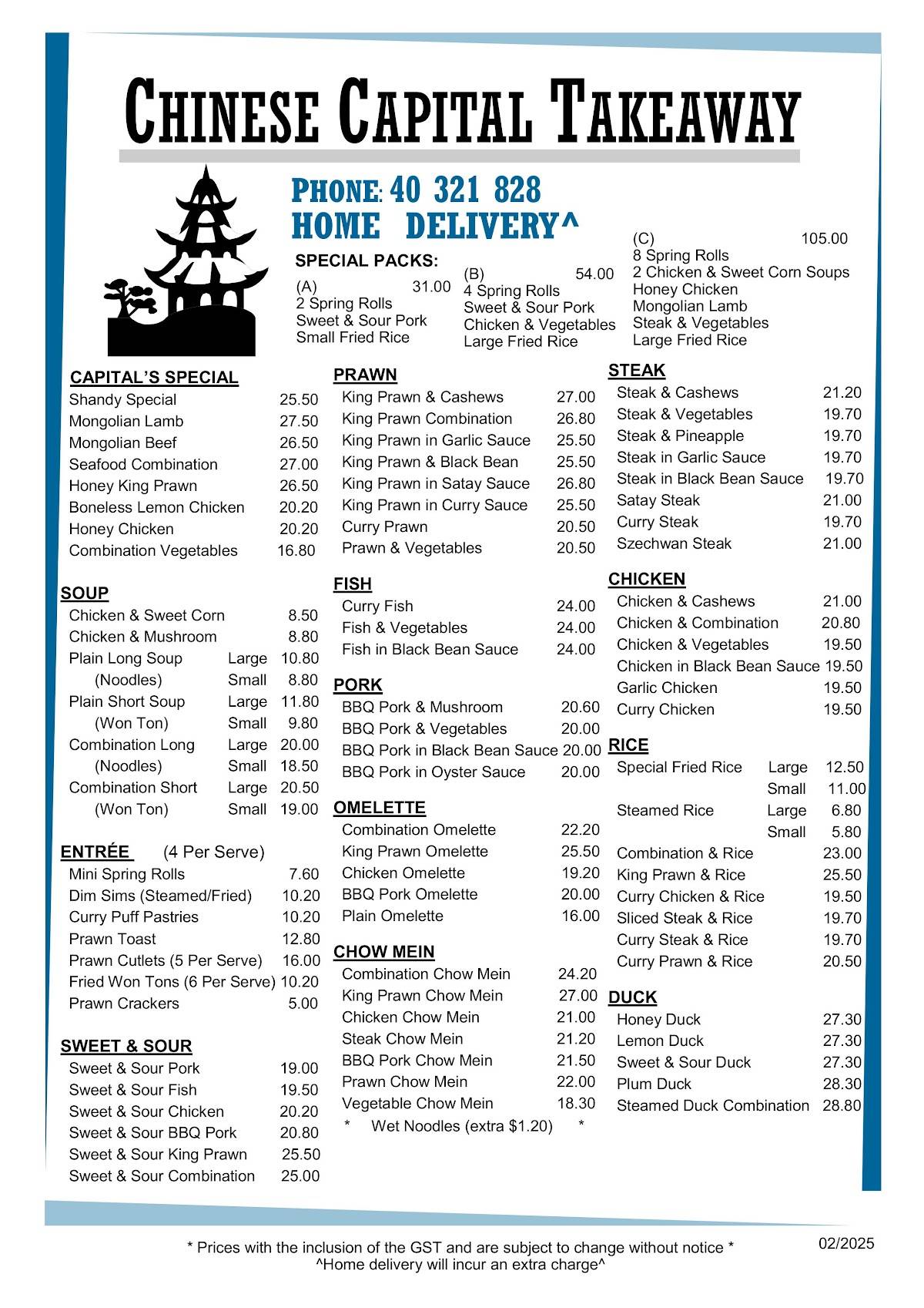 Menu at Chinese Capital Take-Away fast food, Manoora
