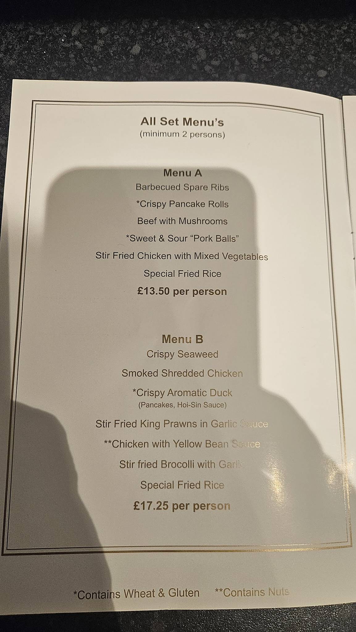 Menu at Chinese Whispers restaurant, Wimborne Minster