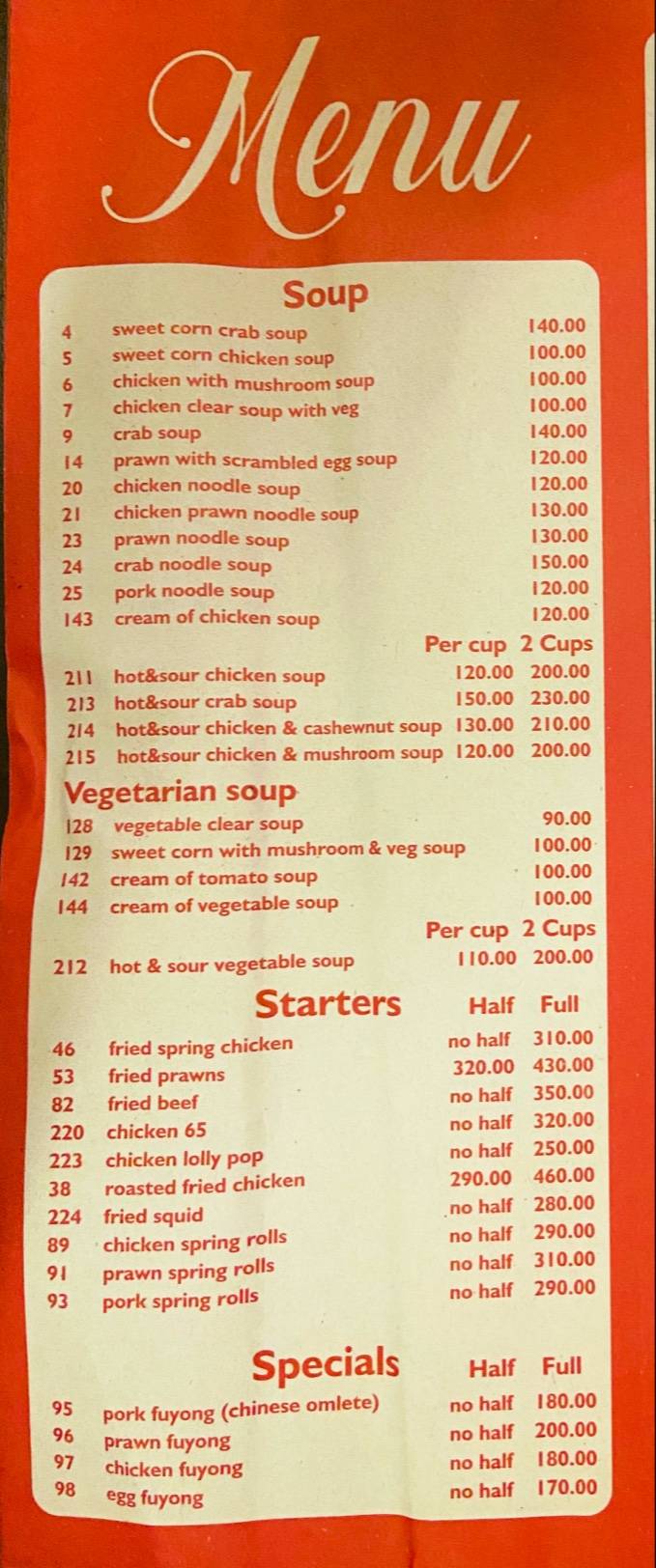 Menu at Chiyang Chinese Restaurant, Angamaly