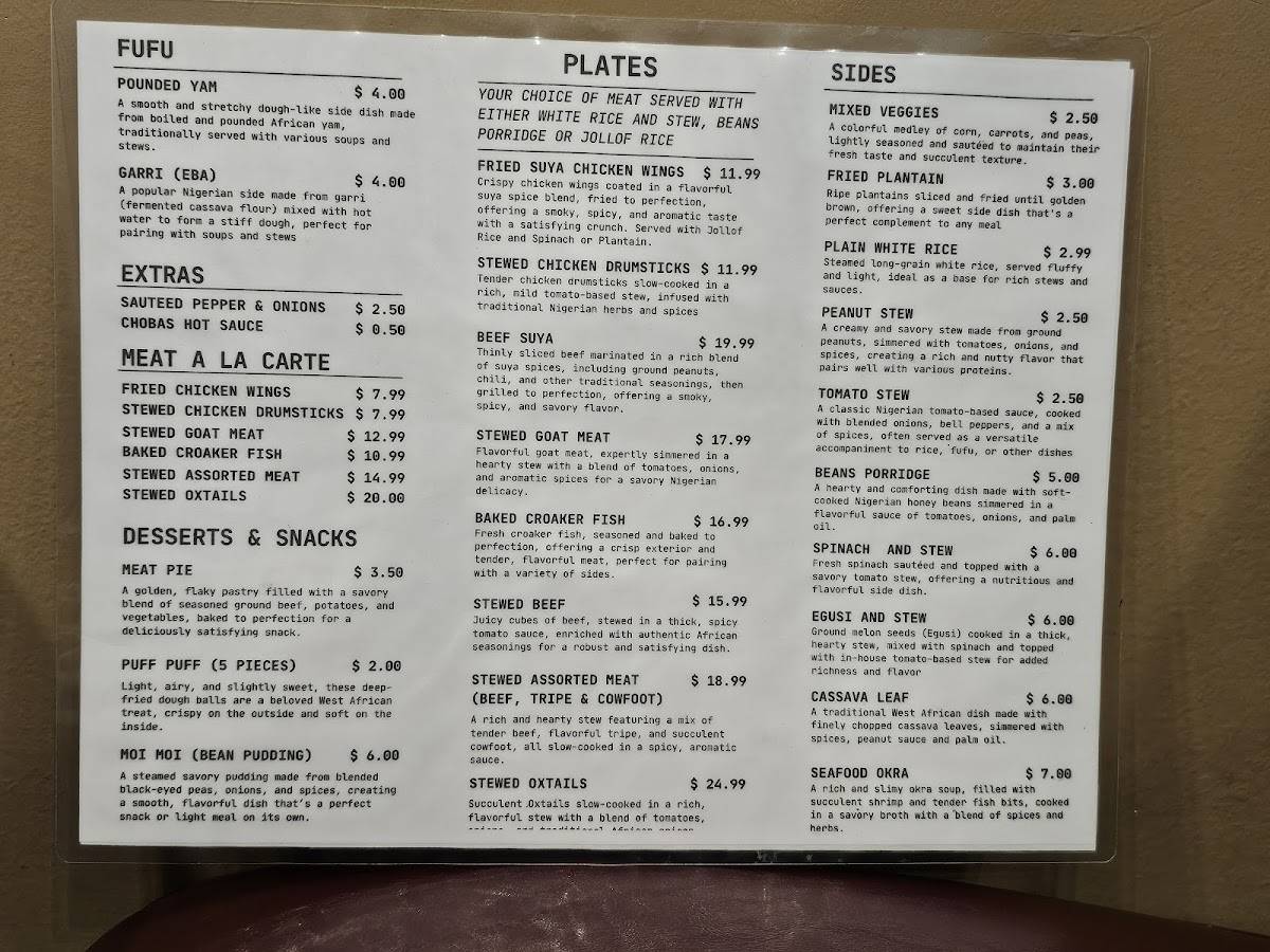 Carta del restaurante Choba's African Kitchen, Waldorf