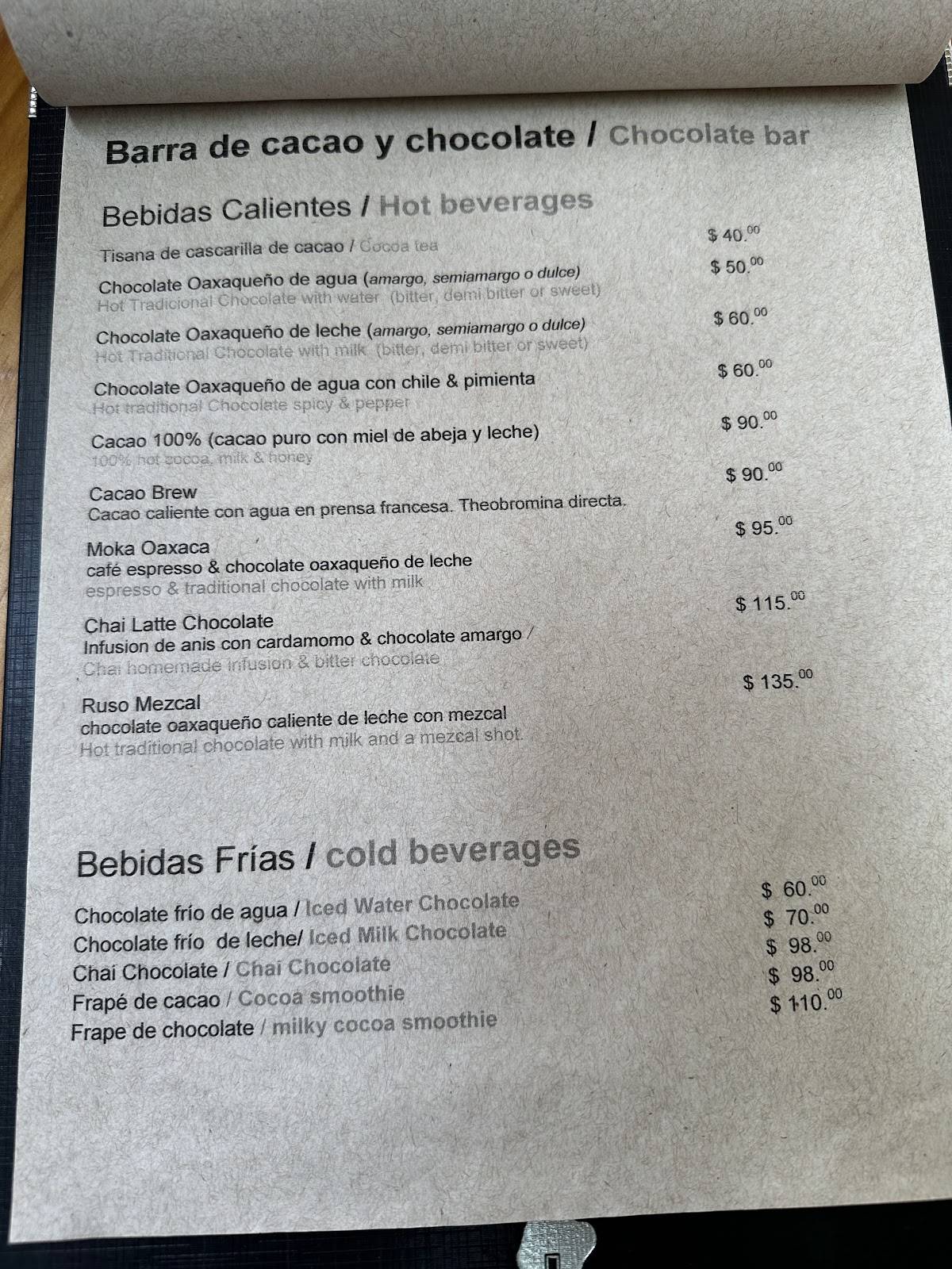 Menu at Chocolate and Cafe Petra Cacao, Oaxaca