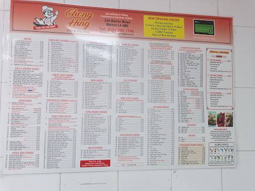 Menu at Chong Hing fast food, Liverpool