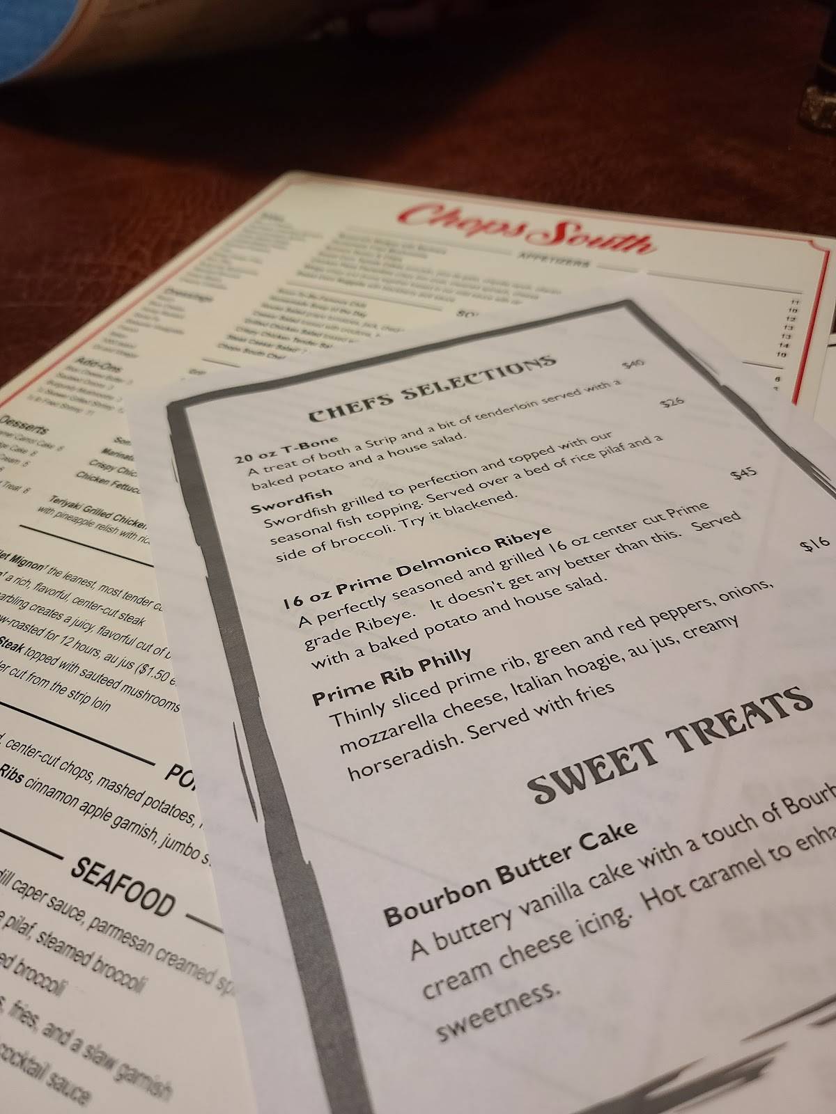 Menu at Chops South steakhouse, Knoxville, Chapman Hwy