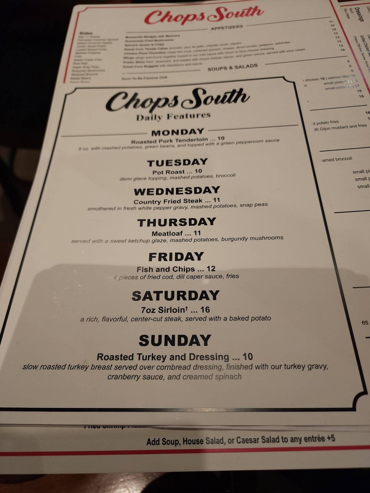Menu at Chops South steakhouse, Knoxville, Chapman Hwy