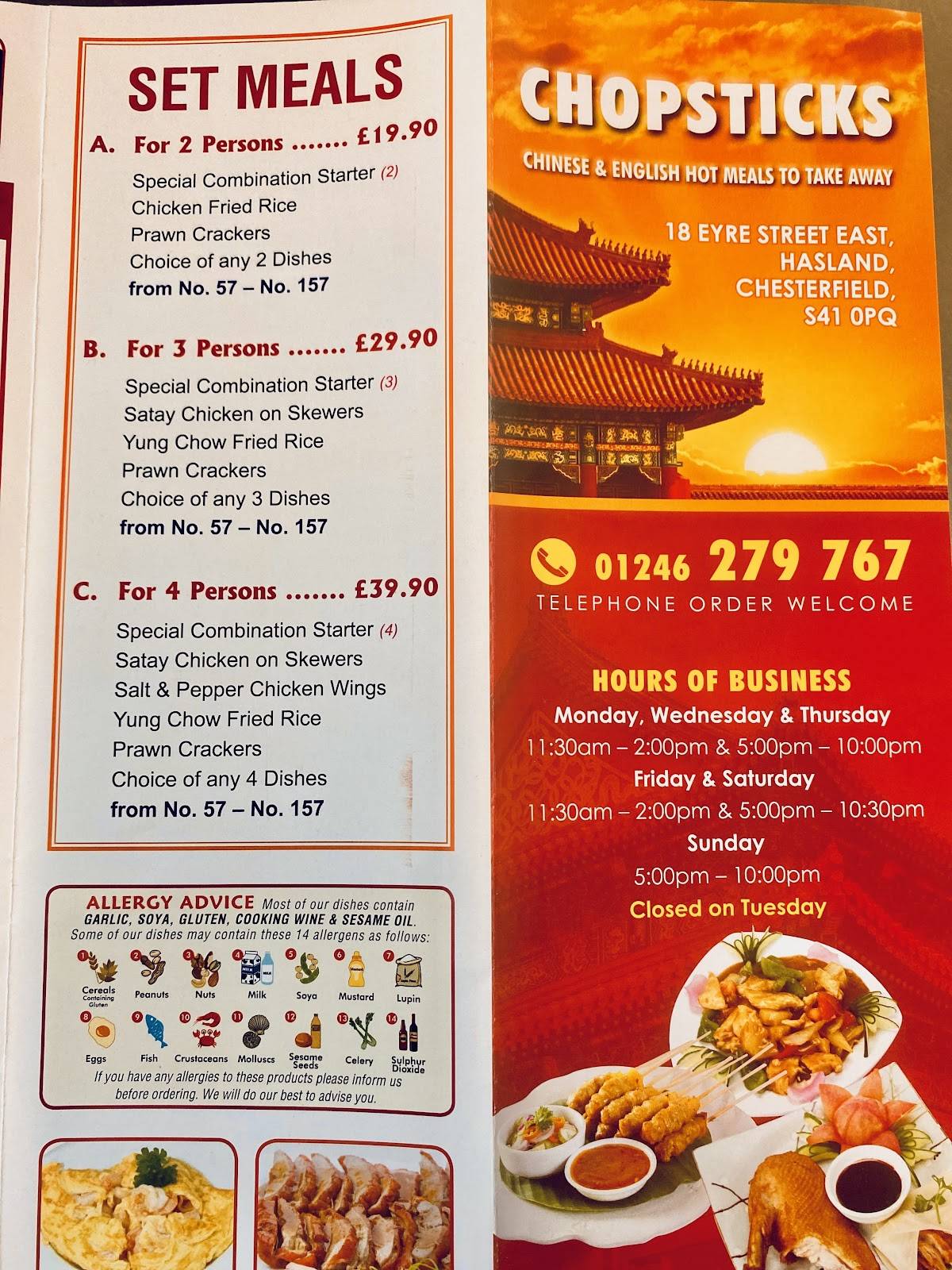 Menu at Chopsticks restaurant, Chesterfield