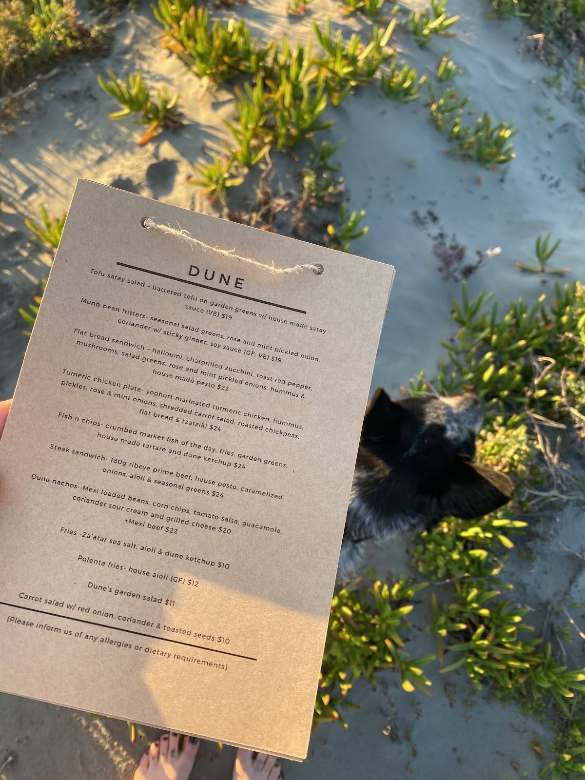 Menu at Dune Cafe, Christchurch
