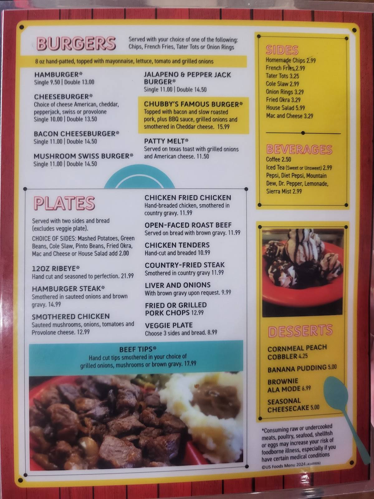 Menu at Chubby's Restaurant, Sevierville
