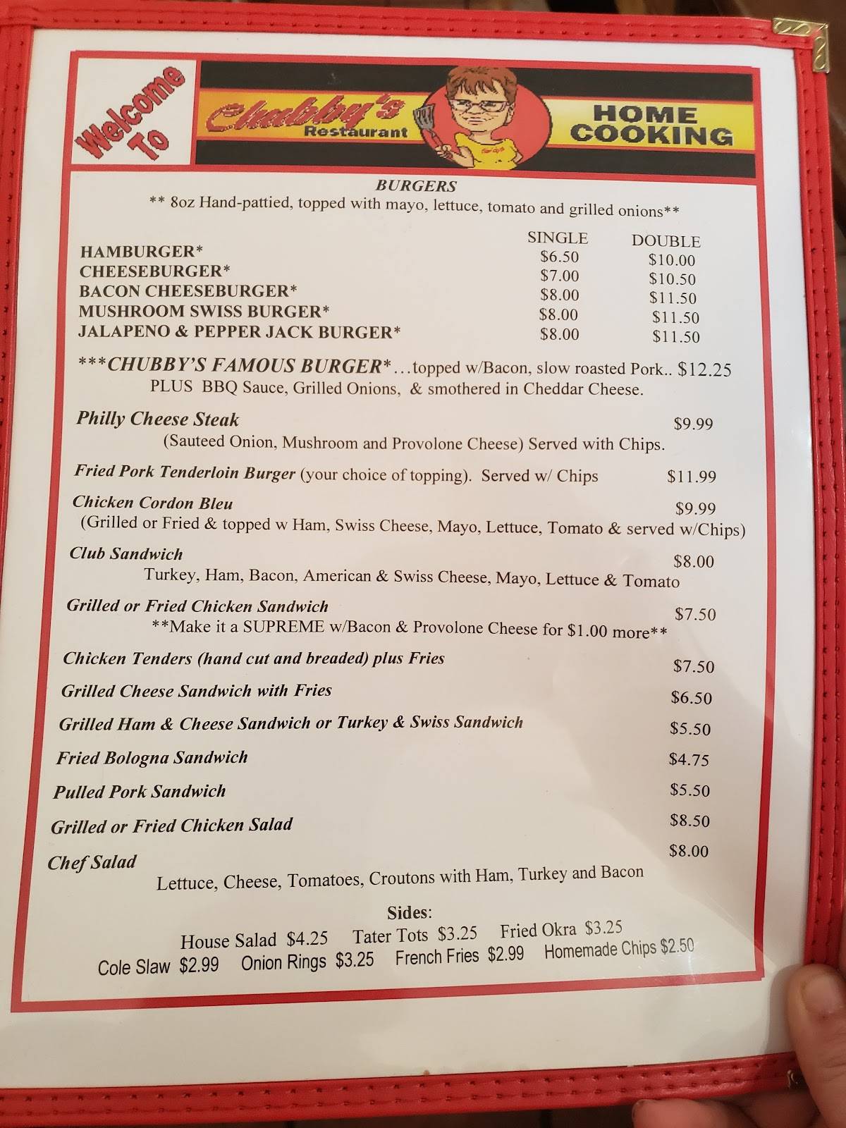Menu at Chubby's Restaurant, Sevierville