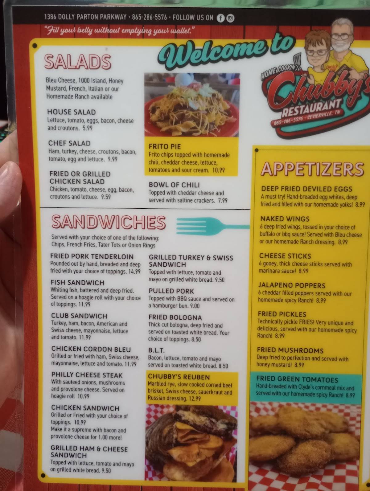 Menu at Chubby's Restaurant, Sevierville