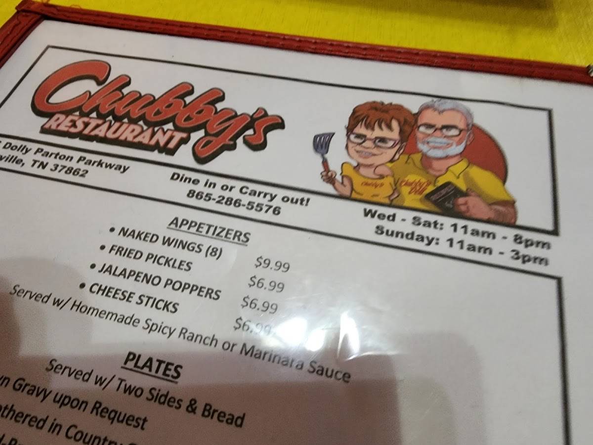 Menu at Chubby's Restaurant, Sevierville