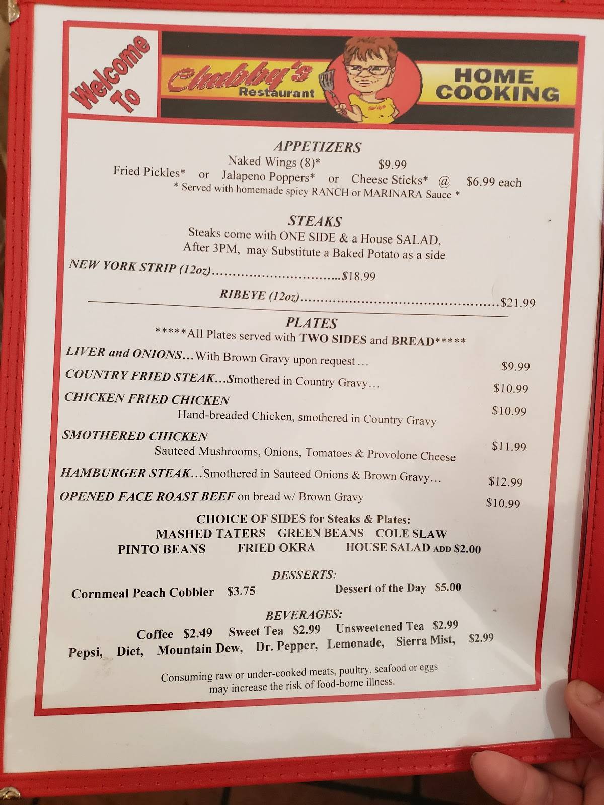 Menu at Chubby's Restaurant, Sevierville