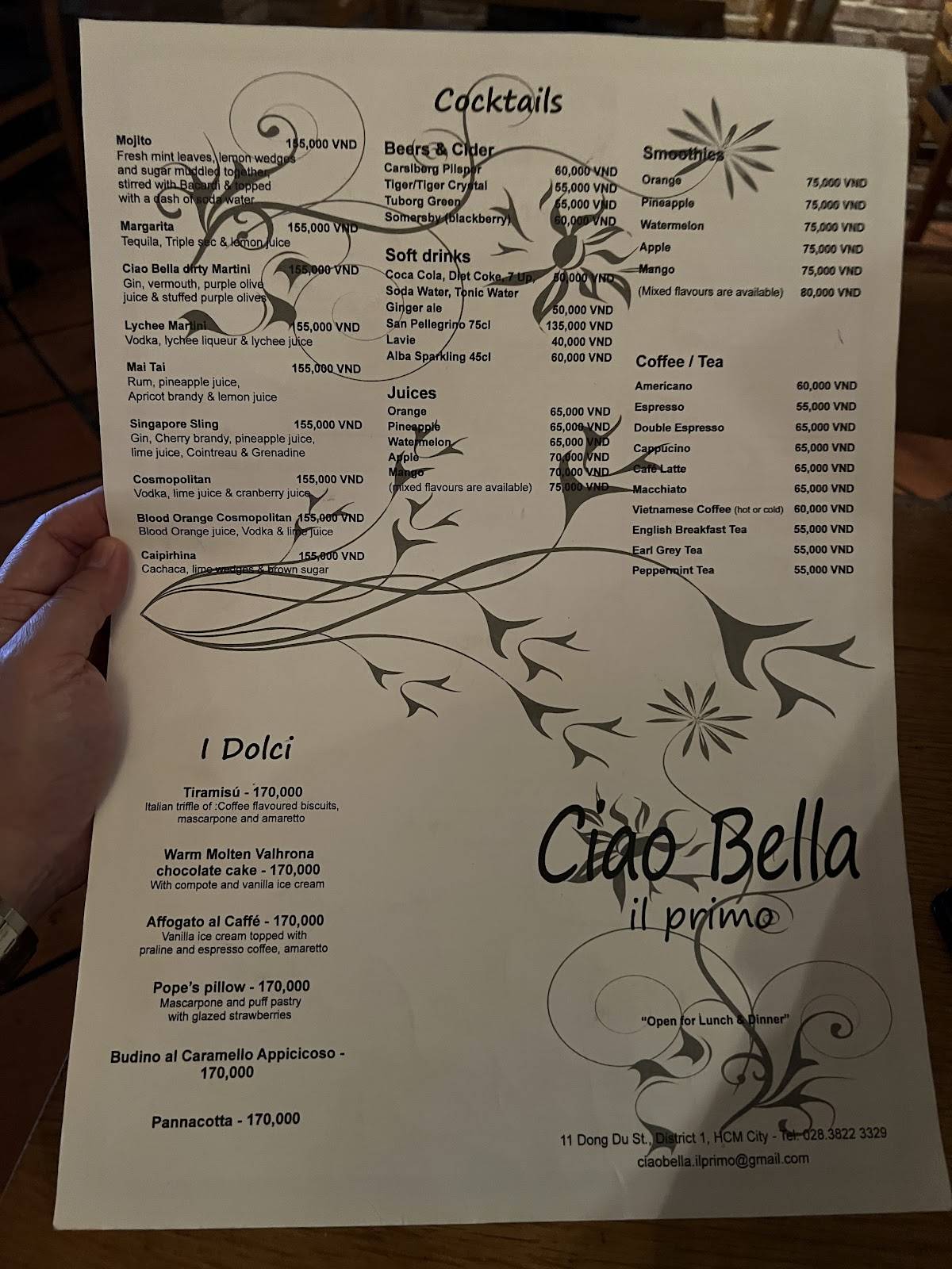 Menu at Ciao Bella IL Primo restaurant, Ho Chi Minh City, 11 Đ. Đông Du