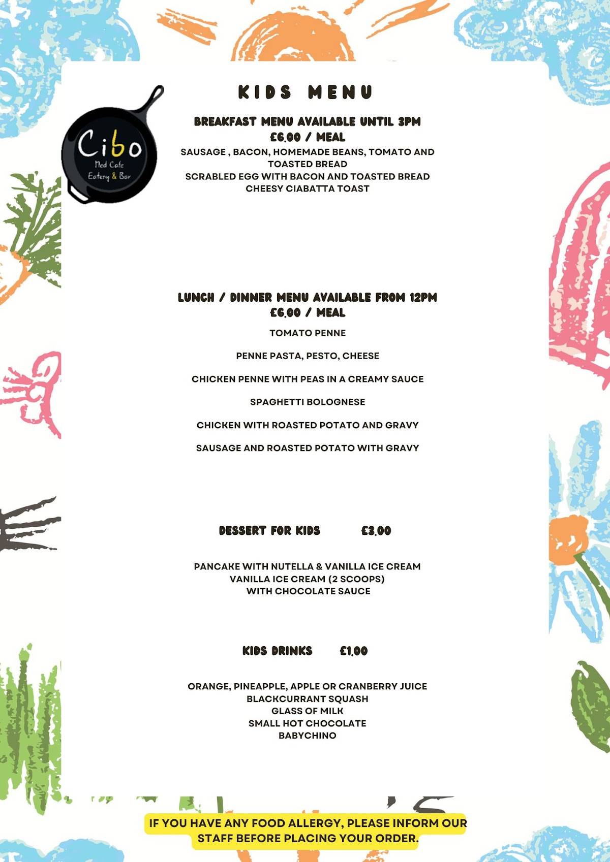 Menu at Cibo restaurant, Ryde, 9 High Street