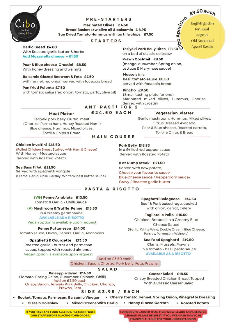 Menu at Cibo restaurant, Ryde, 9 High Street