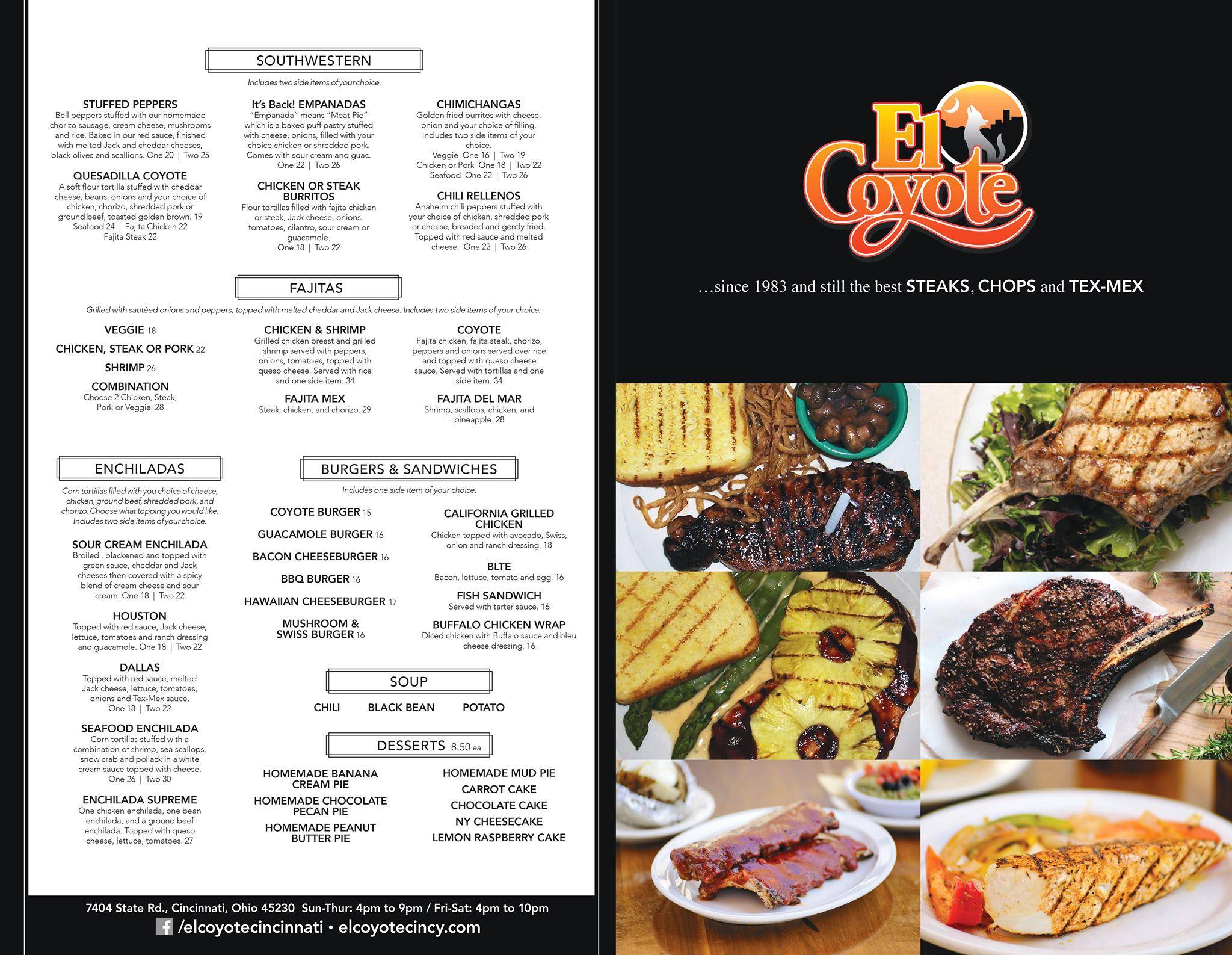 Menu at El Coyote Mexican Restaurant, Cincinnati, State Rd