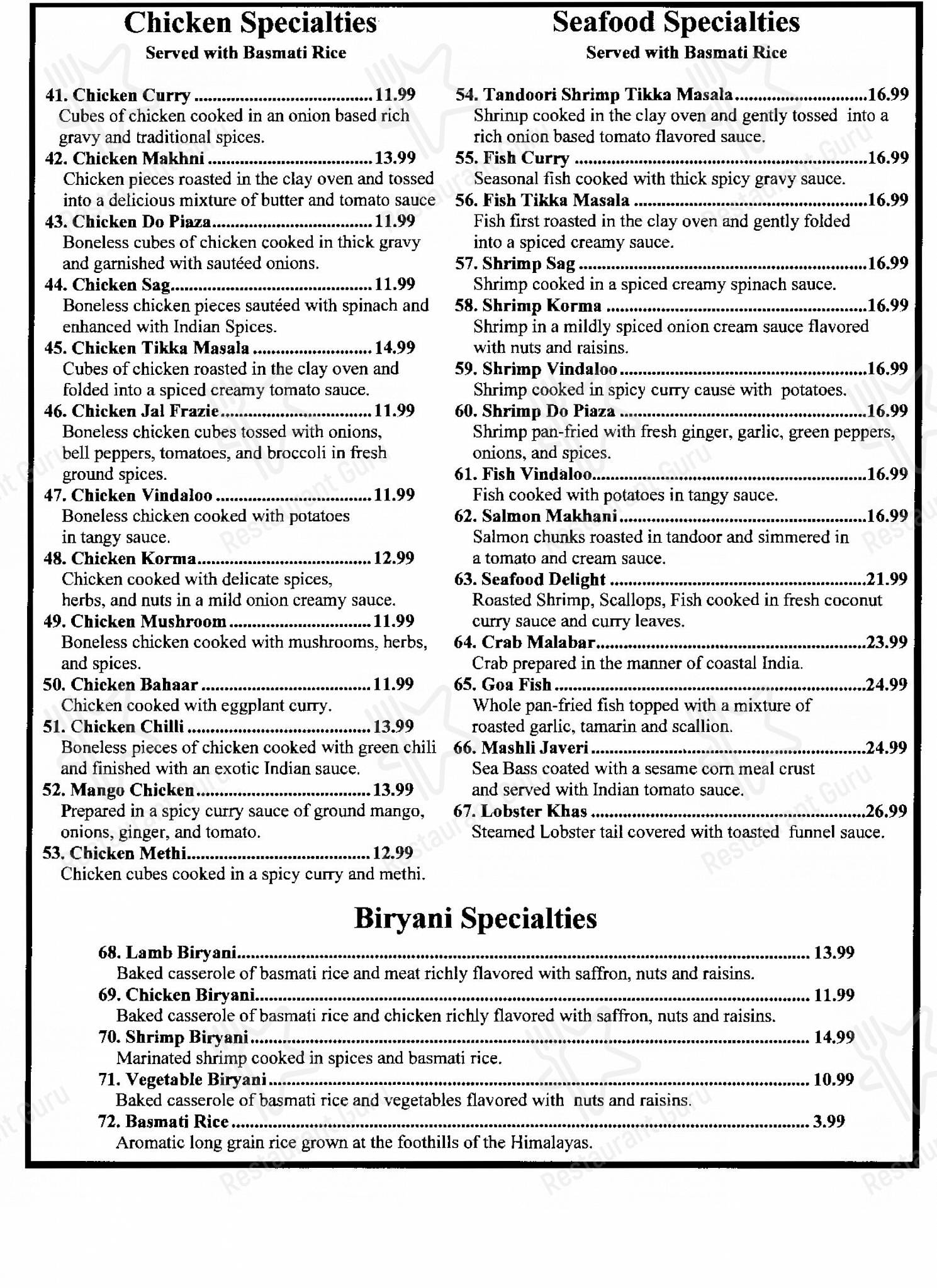 Menu at Cinnamon Indian Cuisine restaurant, Greenville, 419 Evans St