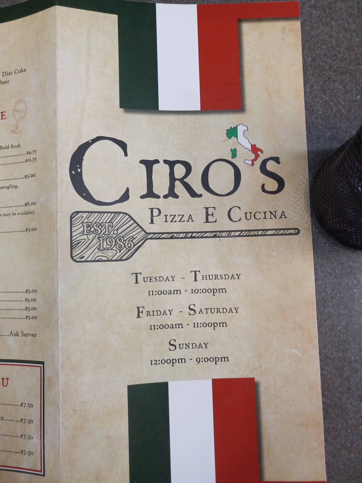 Menu at Ciro's Pizza E Cucina pizzeria, Culpeper