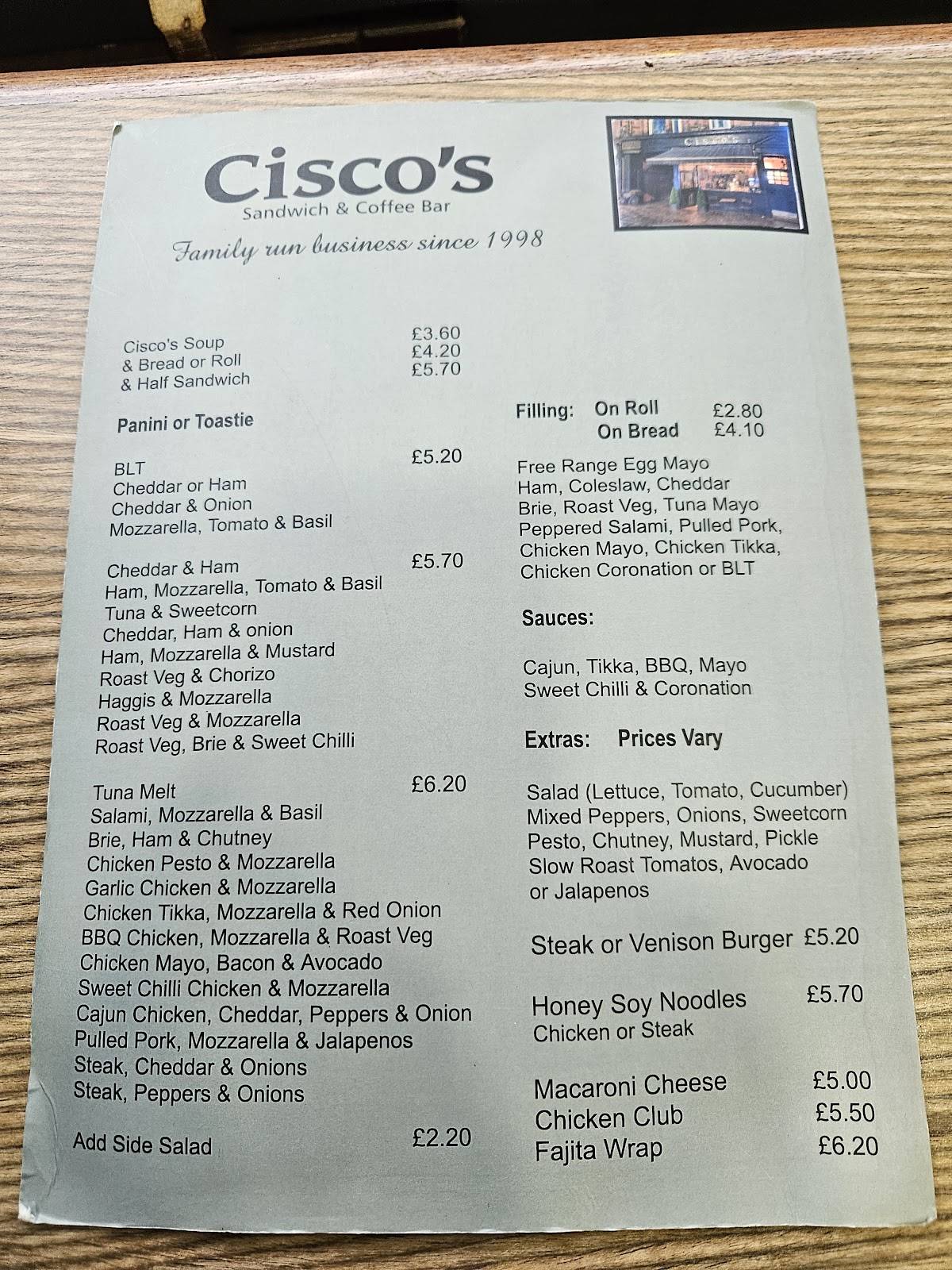 Menu at Cisco's Cafe, Stirling