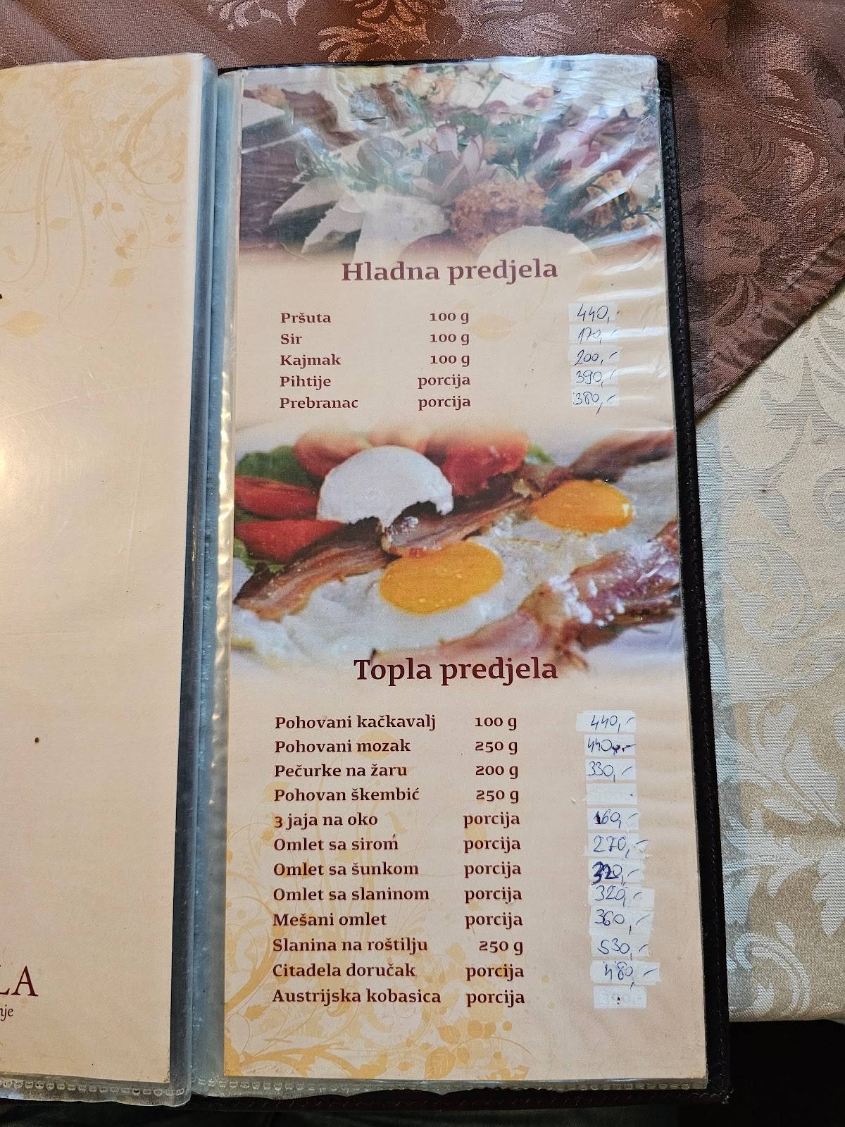 Menu at Citadela restaurant, Pancevo