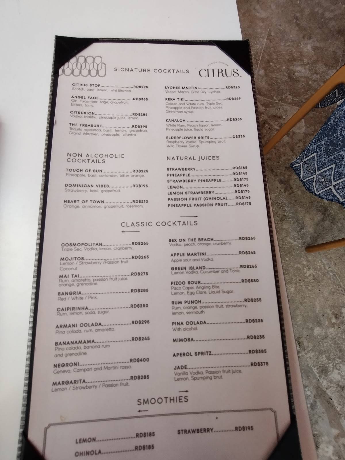 Menu at Citrus Fusion Cuisine restaurant, Punta Cana, MHPJ+2Q3