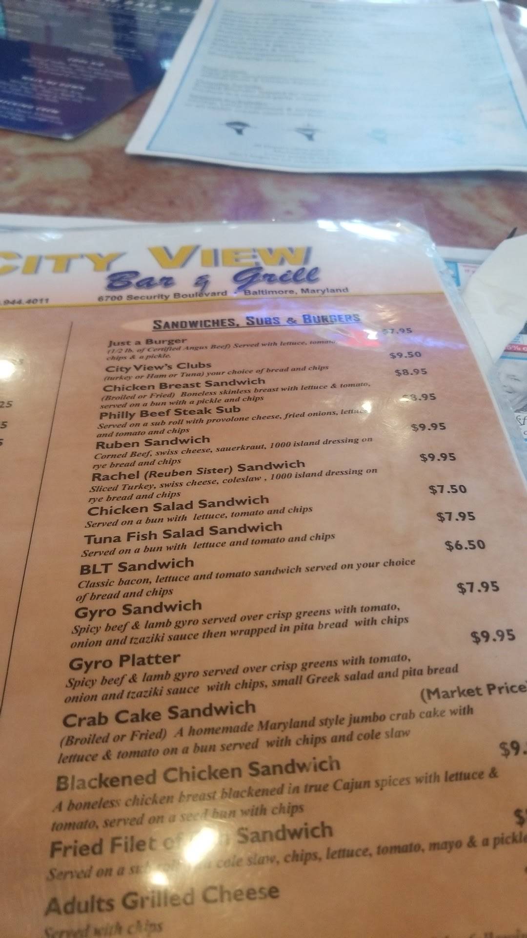Menu at City View Bar & Grill, Baltimore