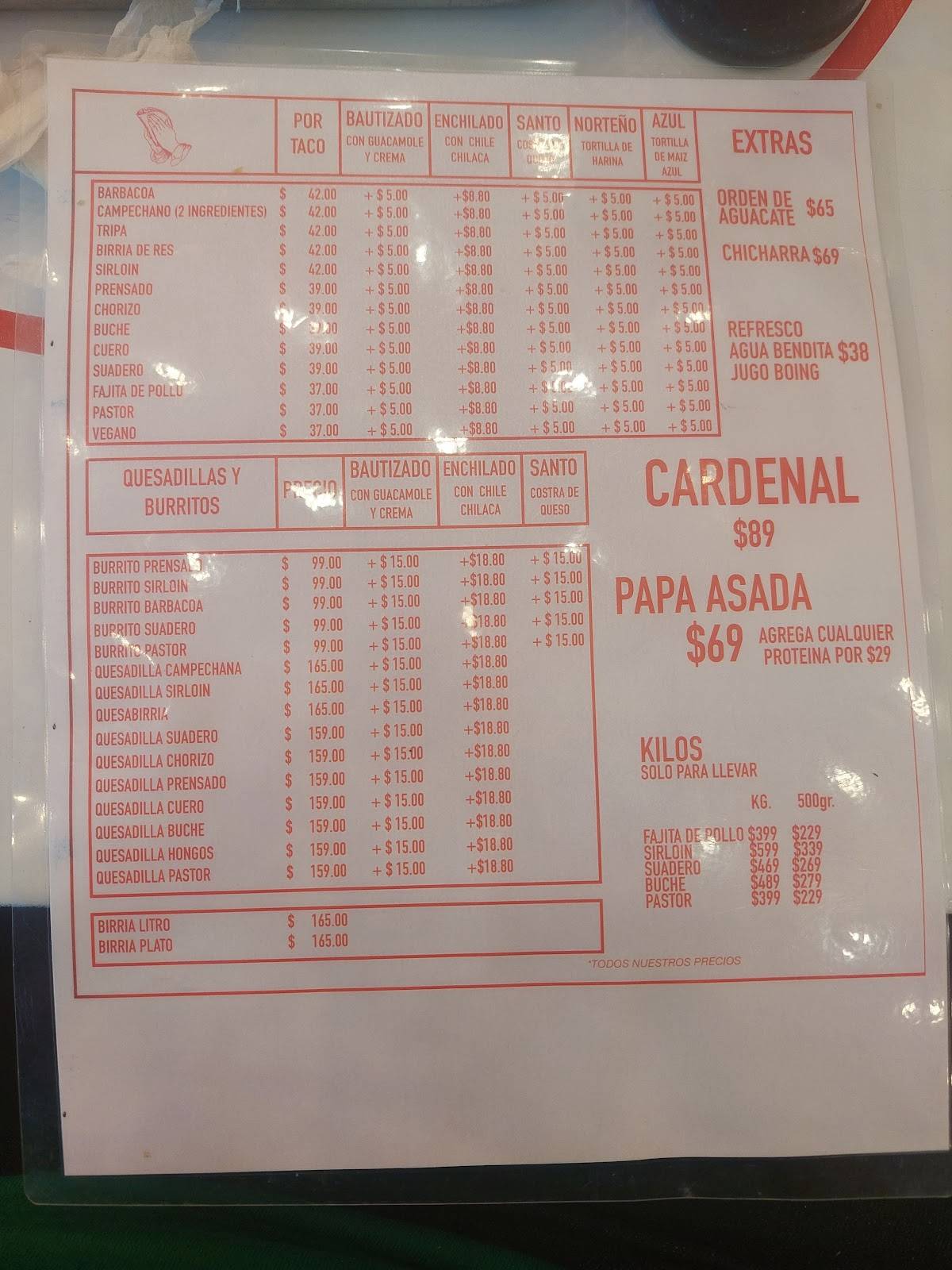 Carta del restaurante Taco Santo, Ciudad Juarez